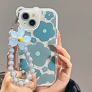 NITITOP Compatible for iPhone 13 Case Clear Floral Bear Camera Lens Case with Lovely Flower Bracelet Chain for Women Girls, Soft TPU Shockproof Cover-Blue