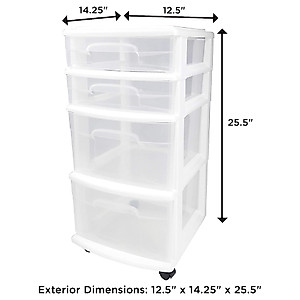Homz Clear Plastic 4 Drawer Medium Home Organization Storage Container Tower w/2 Large and 2 Small Drawers, and Removeable Caster Wheels, White Frame