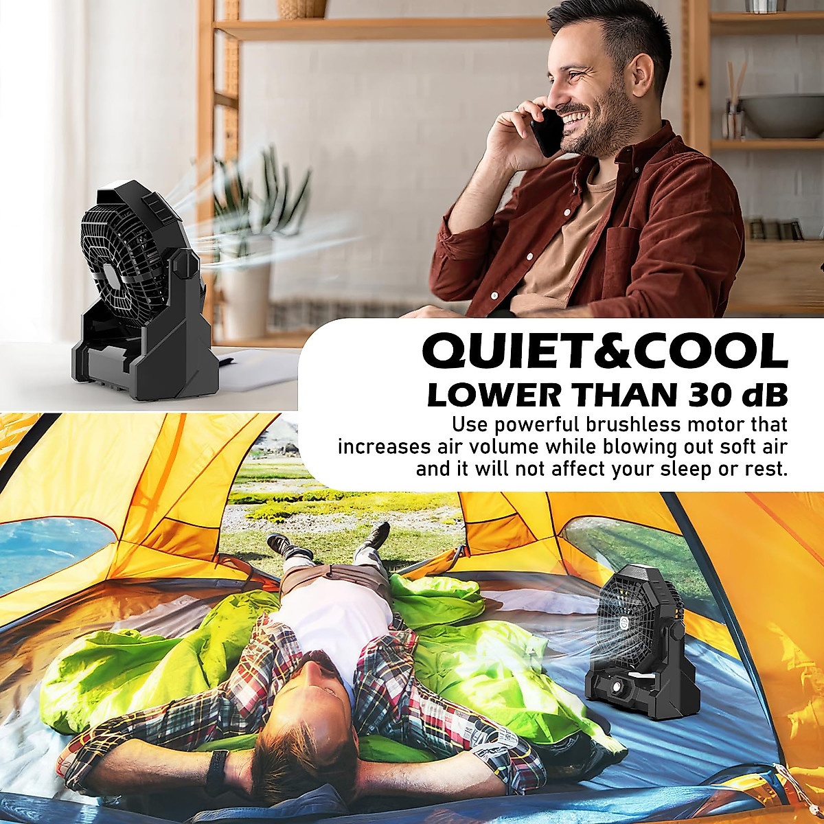 Camping Fan Rechargeable, 10400mAh Portable Battery Operated Camping Fan for Tents, Hangable USB Silent Camping Fans with LED Lantern, Suitable for Fishing, Camping, Bedroom, Workplace (Orange)