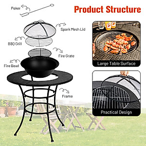 Tangkula 32 Inch Outdoor Fire Pit Dining Table, 4-in-1 Round Wood Burning Fire Pit Bowl, Patio Steel Firepit for BBQ, Bonfire, Camping, Includes Fire Poker, Cover, Grill, Log Grate, Spark Screen Cover