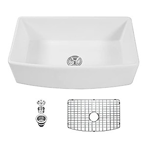 30 Farmhouse Kitchen Sink Curved Apron - Kichae 30 Inch Farmhouse Kitchen Sink Apron Front White Fireclay Ceramic Porcelain Single Bowl Kitchen Sink with Accessories