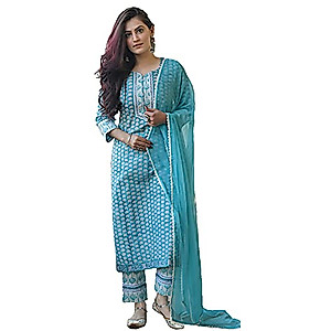 Arayna Women's Cotton Printed Straight Kurti Palazzo Pants Set With Dupatta, Blue, XX-Large