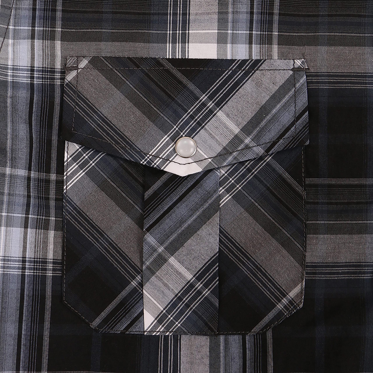 COEVALS CLUB Men's Western Plaid Pearl Snap Buttons Two Pockets Casual Short Sleeve Shirts (Gray,Black/L, 9#)