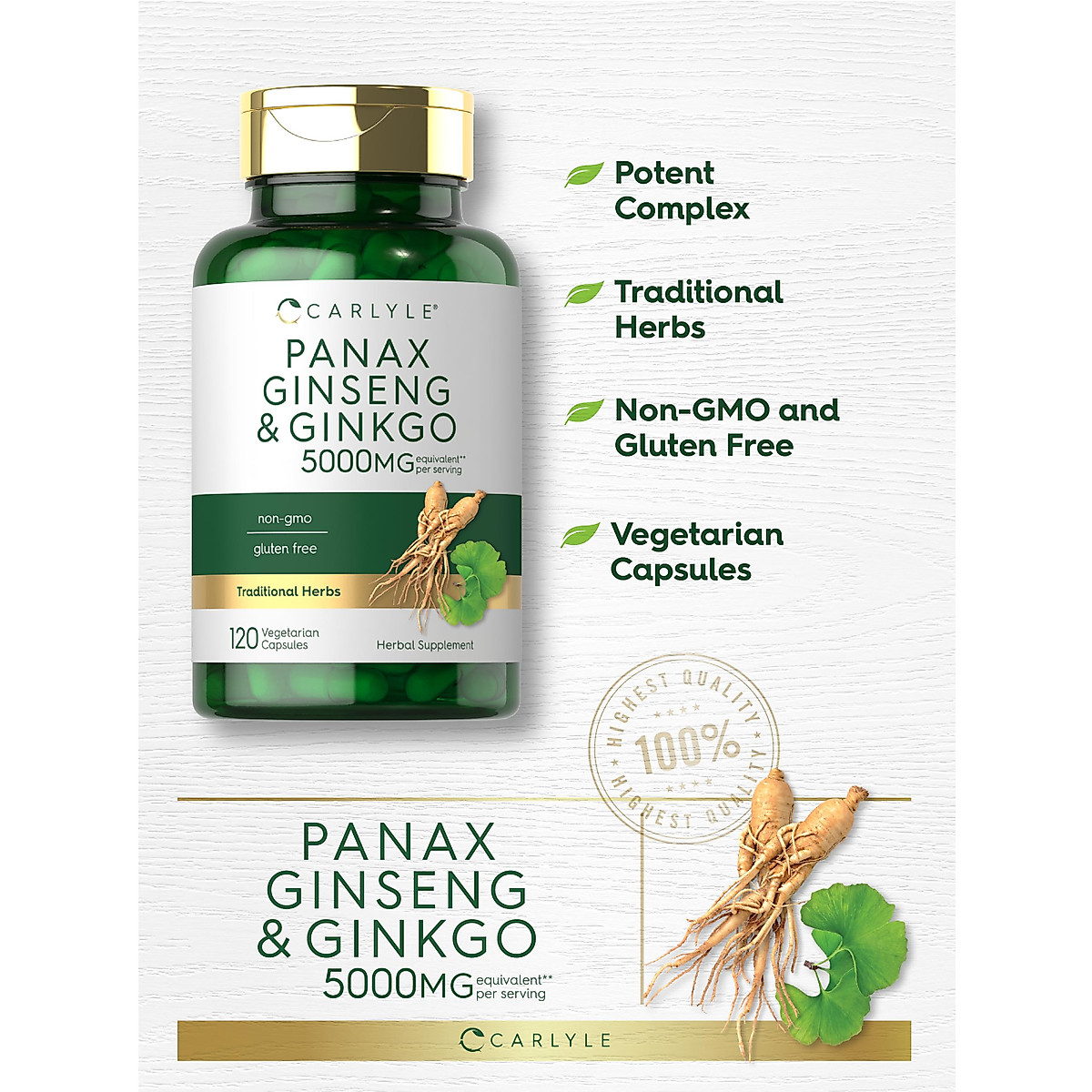 Carlyle Panax Ginseng + Ginkgo Biloba | 120 Vegetarian Capsules | 5,000mg | Vegetarian, Non-GMO, and Gluten Free Supplement