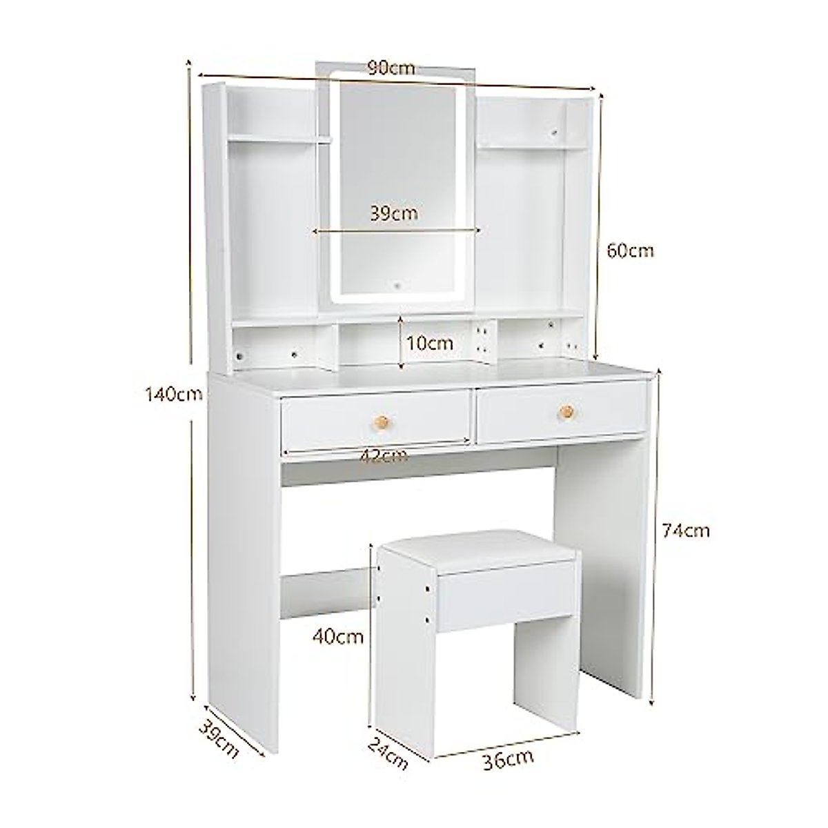 Modern Vanity Table with LED Lighted Mirror, Makeup Vanity Desk with 2 Drawers,Vanity Table Mirror with 3 Color Modes,Multiple Shelves & Cushioned Stool,Dressing Table for Bedroom