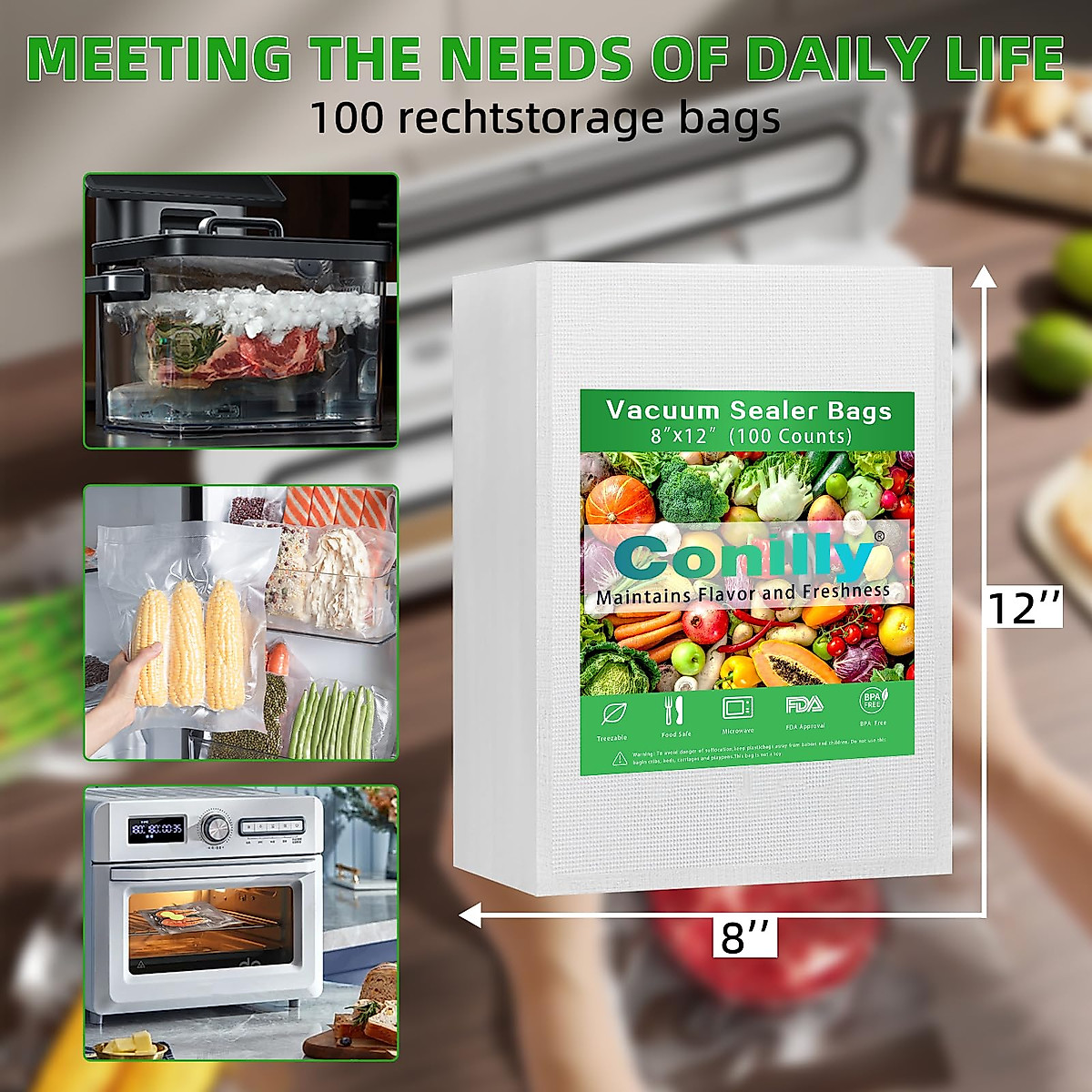 Conilly Vacuum Sealer Bags,100 Quart Size 8" X 12" Commercial Grade Sealer Bag, Bpa Free, Heavy Duty, Puncture Prevention, Great for Food Storage, Meal Prep or Sous Vide Cooking