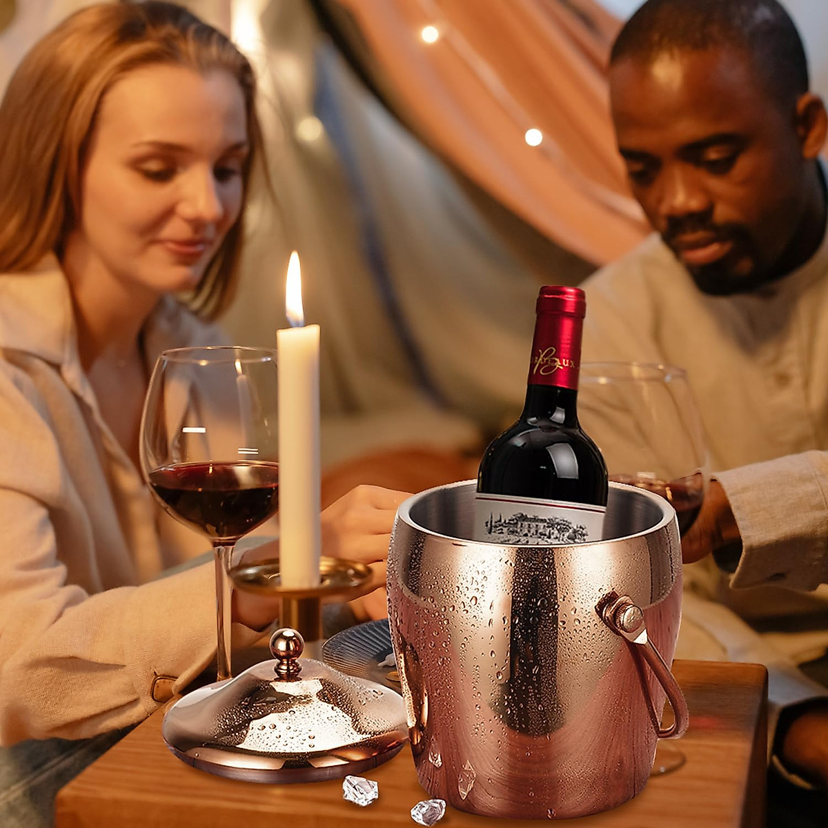 Ice Bucket Champagne Bucket with Tongs Scoop Lid, Double Wall Wine Bar Freezer Ice Bucket with Stand&Carrying Handle, Stainless Steel Mirror Bucket Champagne Bucket for Parties Bar Home,2L(Rose gold)