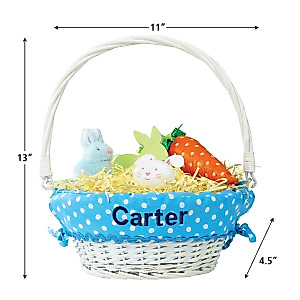 Lillian Vernon Kids Personalized Wicker Easter Basket - Removable Blue Liner With Embroidered Name, For Young Girls & Boys, Baby’s First Egg Hunt, Cute Custom Spring Gifts, 11” x 14”