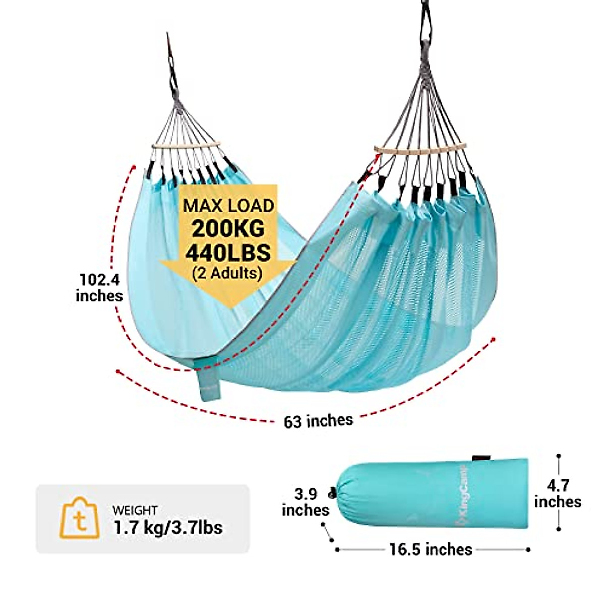 KingCamp Double Mesh Hammock, Camping Hammock Breathable Portable Outdoor/Indoor Hammocks Tree Hammock for Camping Backpacking, Hiking, Backyard, Beach Support to 440lbs with 2 Tree Straps (Cyan)