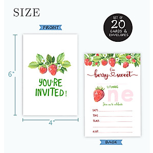 QOFO Sweet Strawberry First Birthday Party Invitation Card-Set of 20 With Envelopes,Birthday Invitation Cards,Birthday Party Decorations And Supplies-YQC31