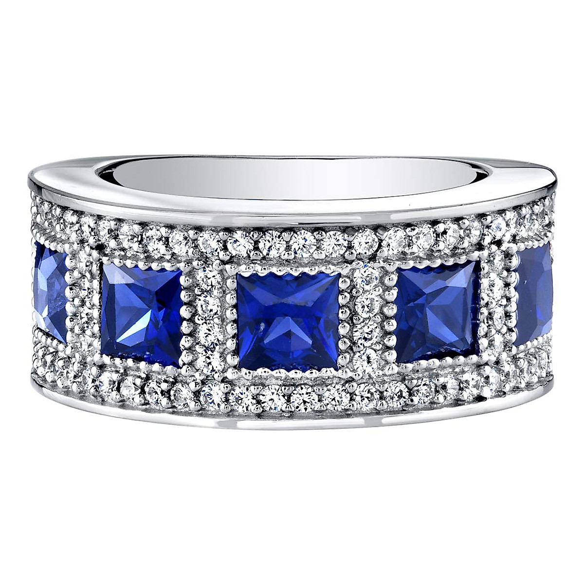 PEORA Sterling Silver Princess Cut Created Sapphire Anniversary Ring Band Wide Width 2 Carats Size 7