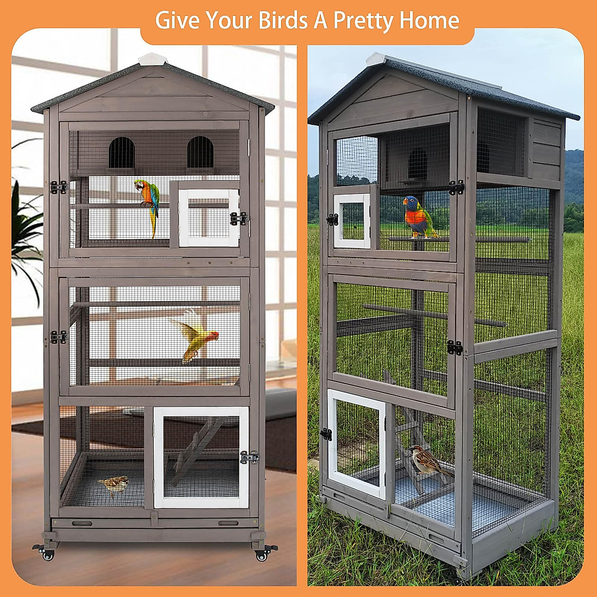 Gowoodhut 68.8"L Outdoor Bird Aviary Indoor Wooden Large Bird Cage Parakeet Cage on Wheels,Removable Wire Netting Slide Pull Out Tray, 2 Perches, Nest House,Ideal for Small Birds,Finches,Parrots,Grey