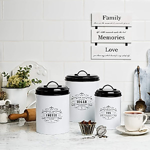Baie Maison Large Kitchen Canisters Set of 3 - Farmhouse Canister Sets for Kitchen Counter White - Coffee Tea Sugar Container Set - Rustic Kitchen Canisters Farmhouse Style Decor - Metal Kitchen Jars