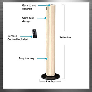 Rowenta Urban Cool Silent Tower Fan with 3 speeds, oscillation, remote control, timer, 3 Speeds, Black + Wood Effect
