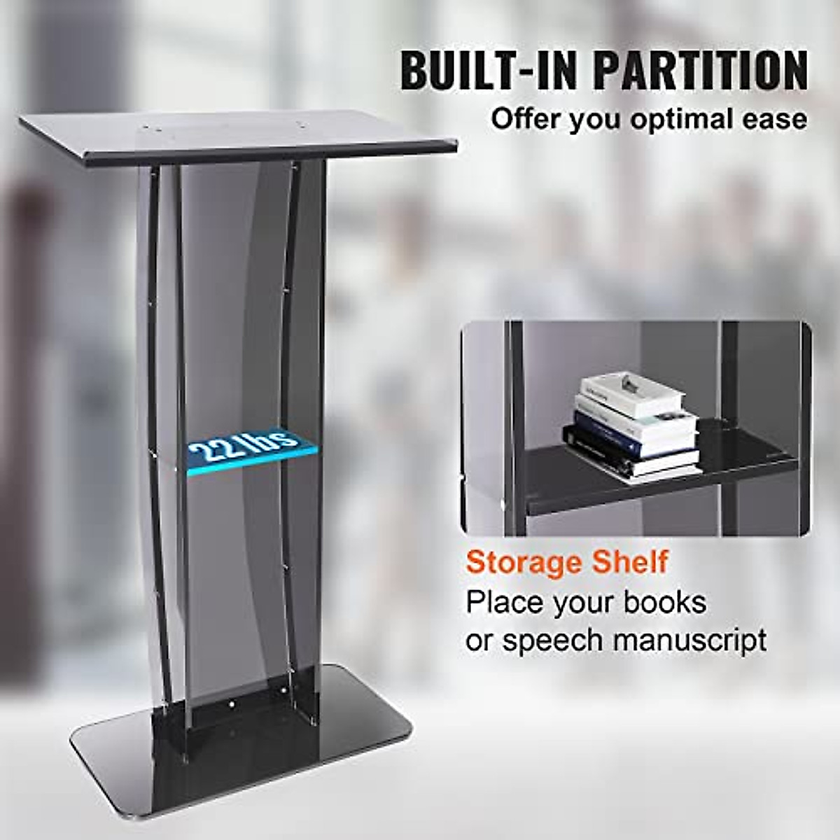 VEVOR Acrylic Podium, 47" Tall, Acrylic Podium Stand with Wide Reading Surface & Storage Shelf, Floor-Standing Clear Pulpits Acrylic for Church Office School, Black