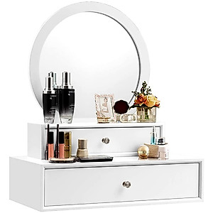 Byroce Vanity Mirror, Space-Saving Wall Mounted & Table Placed Makeup Vanity Mirror, Floating Vanity Shelves with 2 Removable Drawers for Hallway, Sink, Bathroom (White)