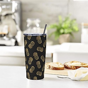 20oz Tumbler Summer Fruit Pineapple Double Wall Vacuum Insulated Coffee Mug with Lid and Metal Straw Brush Reusable Stainless Steel Water Bottle Travel Cup Gifts for Car Ice Drinks Hot Beverage