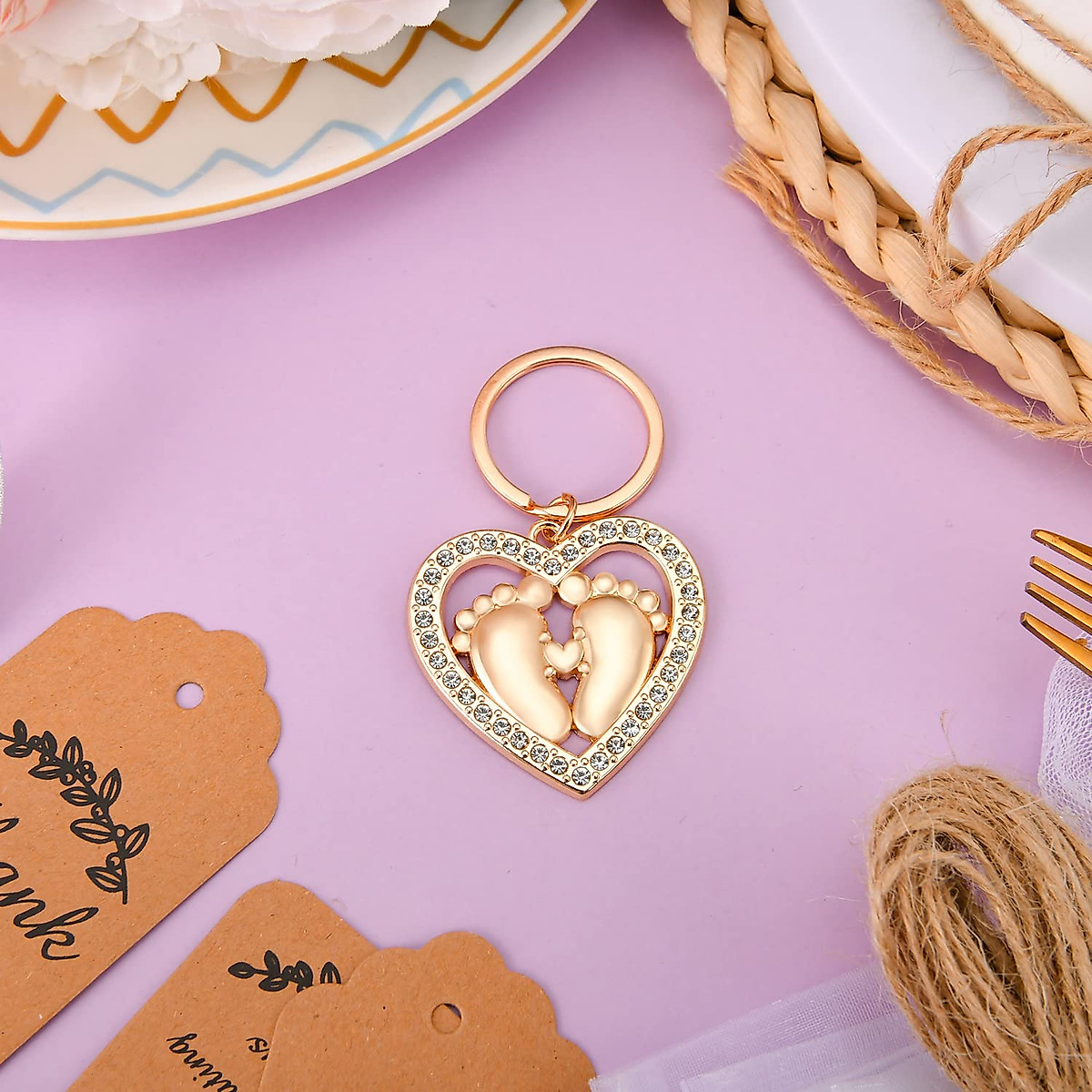 24 Pieces of Caring Foot Design Keychain and Keyring Favored for Baby Showers and Weddings, Party Gifts, Souvenirs or Decorations, with Labels and Silk Bags