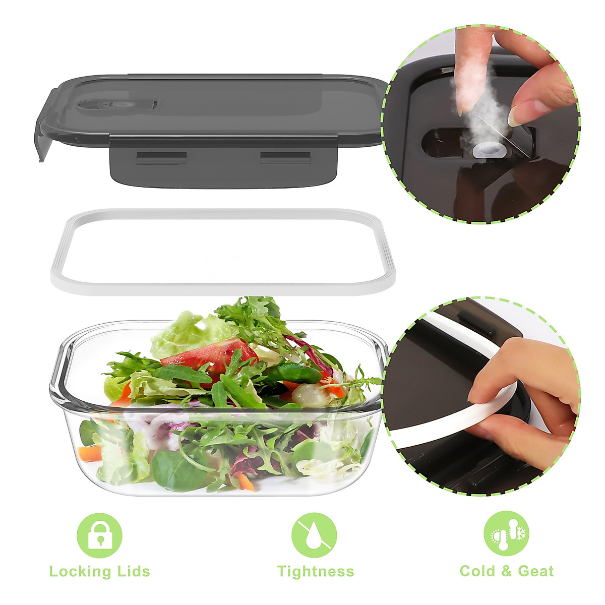 ZRRHOO 10 Pack Glass Meal Prep Containers with Lids, Food Storage Containers with Built in Vent, Airtight Bento Boxes for Lunch, BPA Free & Leak Proof (Black&White)