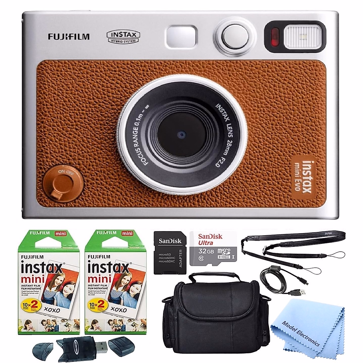 Fujifilm Instax Mini EVO Brown Hybrid Instant Film Camera Bundle with 40 Instant Film Sheets + 32GB microSD Memory Card + Small Padded Case + SD Card Reader + Model Electronics Cloth