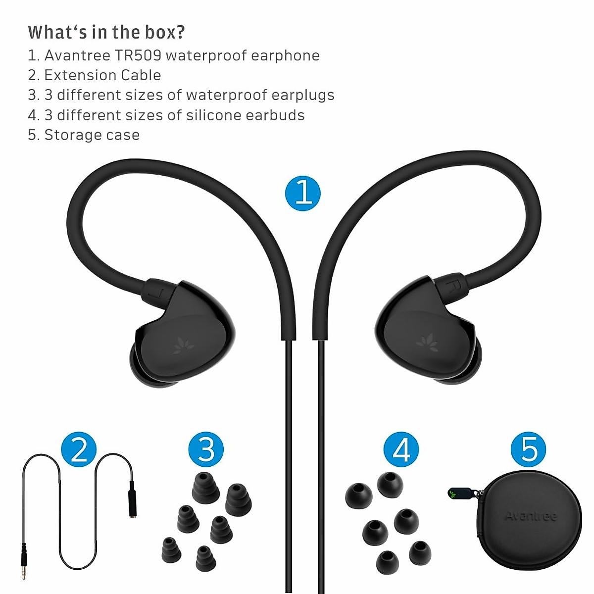 Avantree Secure Fit Underwater Waterproof Earbuds for Swimming, Wired Sports Headphones for Gym Running Diving Surfing, IPX7, Short Cord with Over The Ear Hook and 6 Pair Soft Earphones Tips - TR509