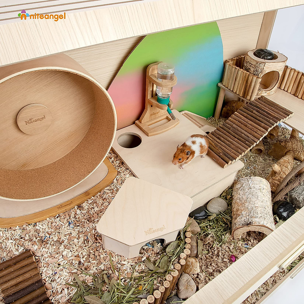 Niteangel Vista Hamster Cage W/Oblique Opening Cage Door - MDF Aspen Small Animal Cage for Syrian Dwarf Hamsters Degus Mice or Other Similar-Sized Pets (Large - 47.1 x 22.7 x 26.9 inches, Burlywood)