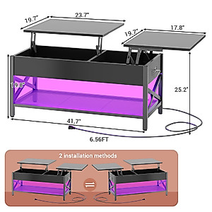 Besiost Lift Top Coffee Table with Storage, LED Light & Power Outlet and Hidden Compartment, Retro Center Table for Living Room, X Support Wood Tabletop, Metal Frame