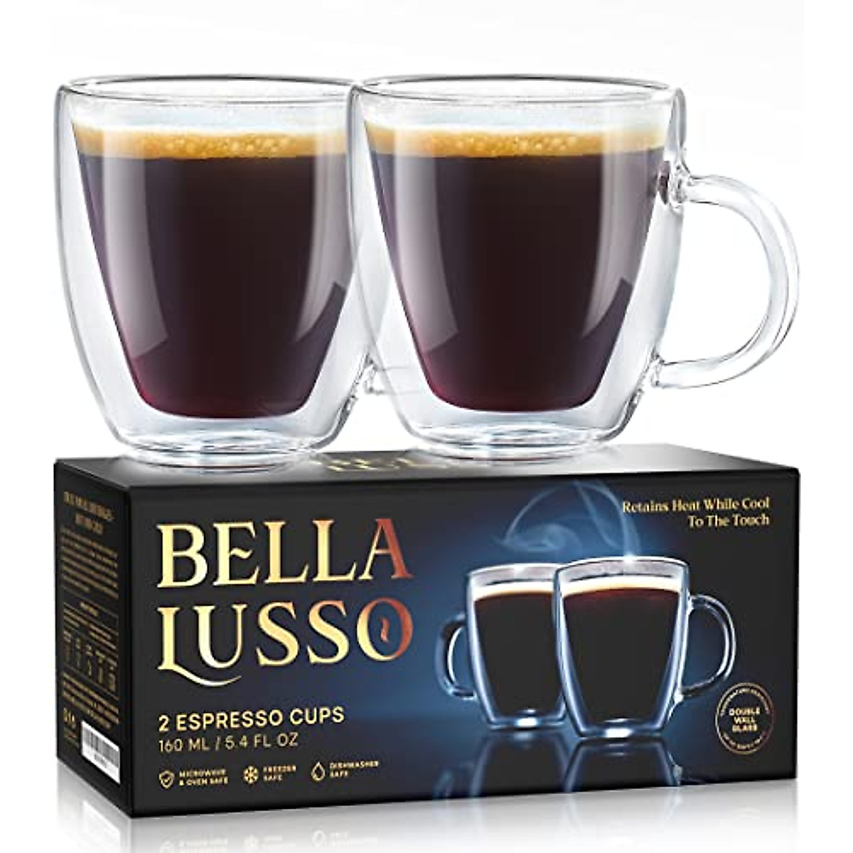 Glass Espresso Cups - Double Wall Insulated Coffee Mugs - Designed in USA - 2 Pack, 5 oz - Set for Cappuccino,Latte,Tea,Shots - Borosilicate Glassware - Dishwasher,Microwave Safe - Premium Gift Box