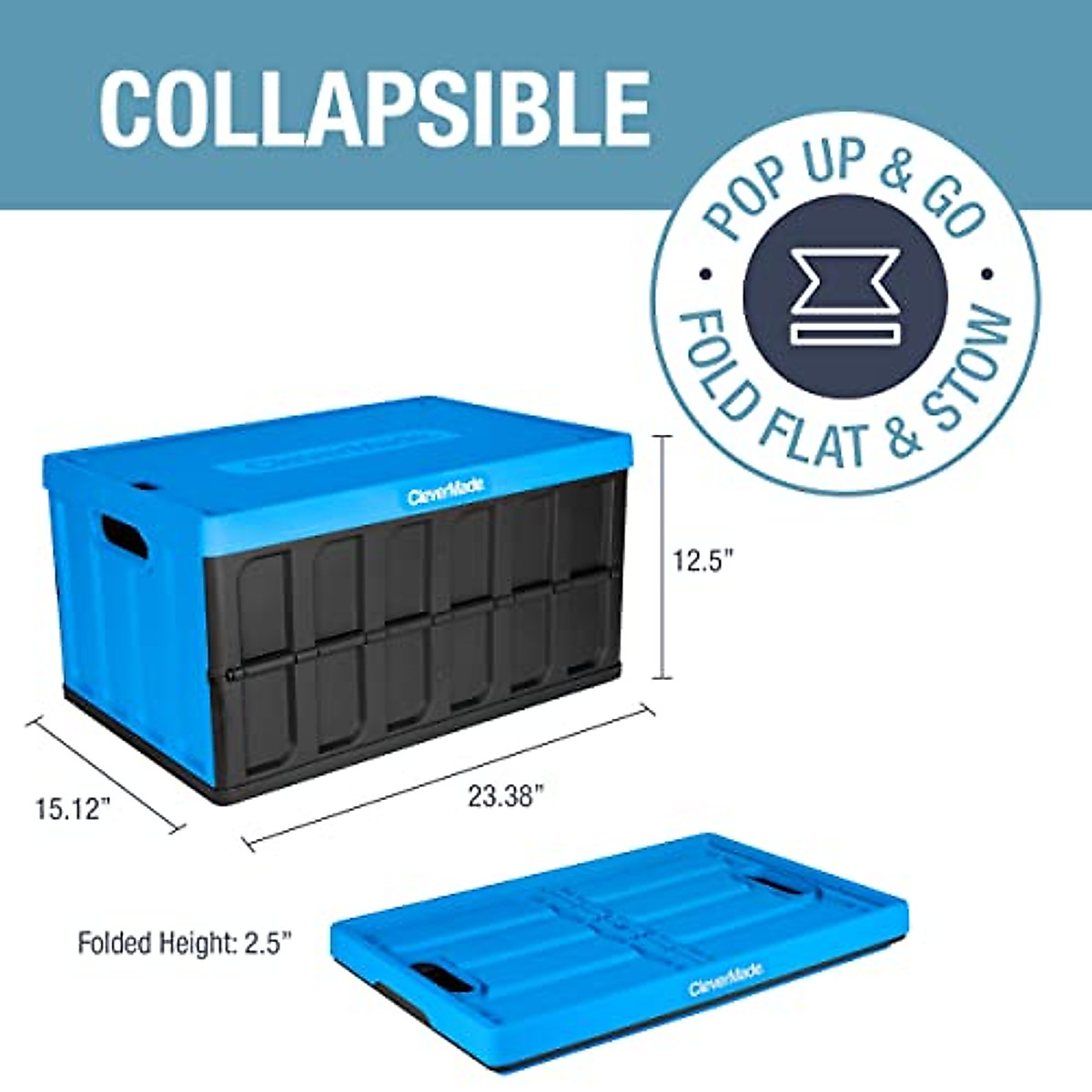 CleverMade - 8034119-21843PK 62L Collapsible Storage Bins, 3 Pack, Neptune Blue & Milk Crates, 25L Plastic Stackable Storage Bins CleverCrates Utility Folding Baskets, Pack of 3, Blue