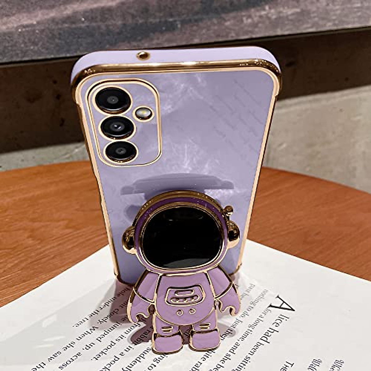 AIGOMARA 6D Plating Astronaut Hidden Stand Case Cover for Samsung Galaxy A14 5G Women Astronaut Folding Bracket Kickstand iPhone Case with Camera Protector Soft TPU Shockproof Bumper - Purple