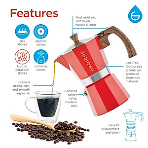 GROSCHE Milano Stove top espresso maker (9 espresso cup size 15.2 oz) Red, and battery operated milk frother bundle for lattes