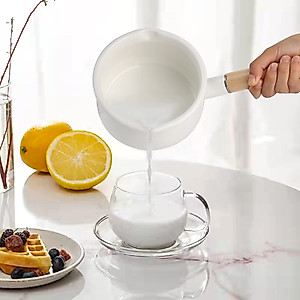 Jucoan 1 Quart Enamel Milk Pan with Dual Pour Spout, Small Enamel on Steel Saucepan Milk Pot Butter Warmer with Wooden Handle, Stove Top Soup Pot for Home Kitchen Cooking Heating Boiling