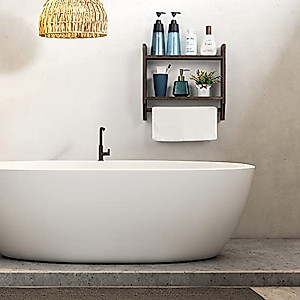 OYEAL Bathroom Shelf Wall Mounted Farmhouse Towel Rack with Towel Bar 2 Tier Bathroom Organizer for Kitchen Bathroom Living Room, Rustic Brown