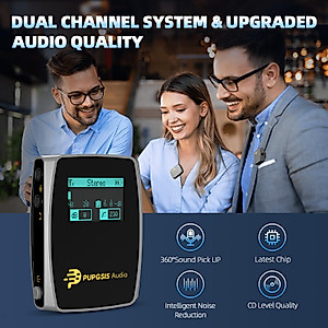P PUPGSIS Wireless Lavalier Microphone with Noise Cancellation, Dual Transmitter, 500ft Range, 10H Battery, 2.4G Compact Lapel Microphone Wireless for iPhone/Android/Camera/Streaming/Recording/Vlog