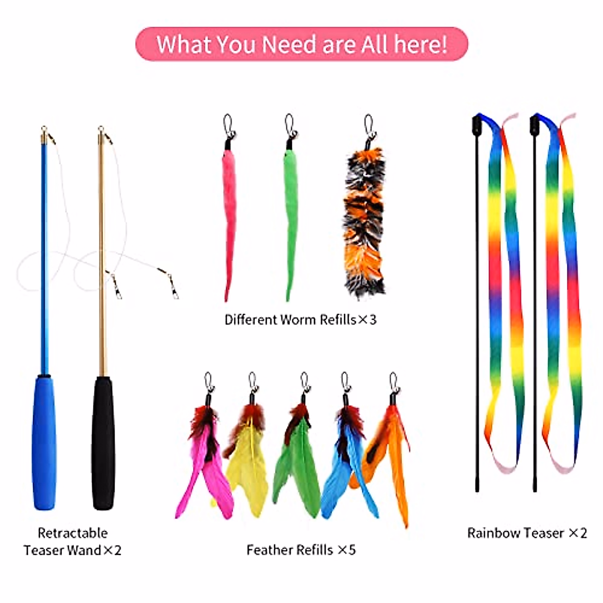 12PCS Interactive Kitten Toys, Retractable Indoor Cat Wand Toys with Replacement Teaser, Rainbow Ribbon and Make Exercise by Sunshinetop