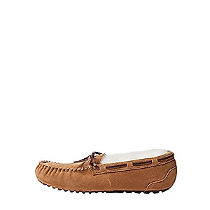Dearfoams Women's Fireside Water Resistant Indoor/Outdoor Shearling Victoria Moccasin with Tie Slipper, Chestnut,8