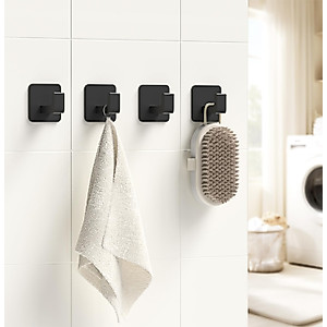 GWAAZXGZ Square Self Adhesive Towel Hooks - Matte Black Bathroom Hooks for Hanging Towel, Coats, Modern and Stylish Hooks for Bathrooms and Kitchen, 2 Pack