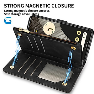 ZZXX for Google Pixel 7 Pro Case Wallet with RFID Blocking Card Slot Premium PU Leather Zipper Flip Folio Wallet with Wrist Strap Kickstand Protective for Google 7 Pro Wallet Case(Black 6.7 Inch)