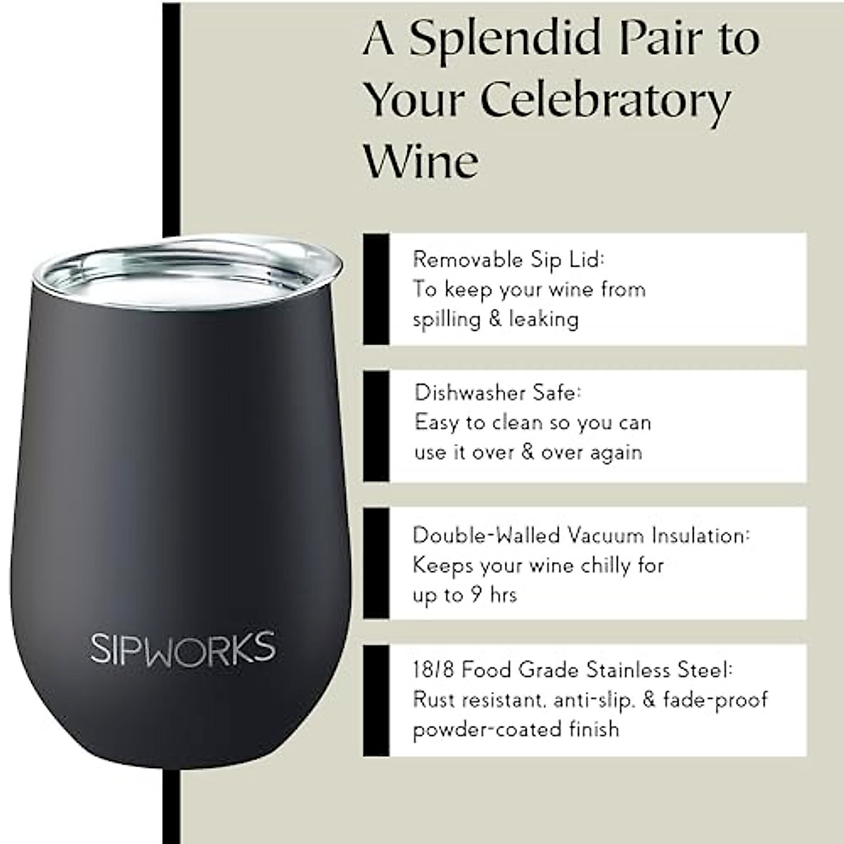 Sipworks Wine Tumbler with Lid - 12 oz Stainless Steel Tumblers with Removable Lid & Double Walled Vacuum Insulation - Leakproof, Shatterproof Insulated Wine Tumbler for Travel - Rose Gold