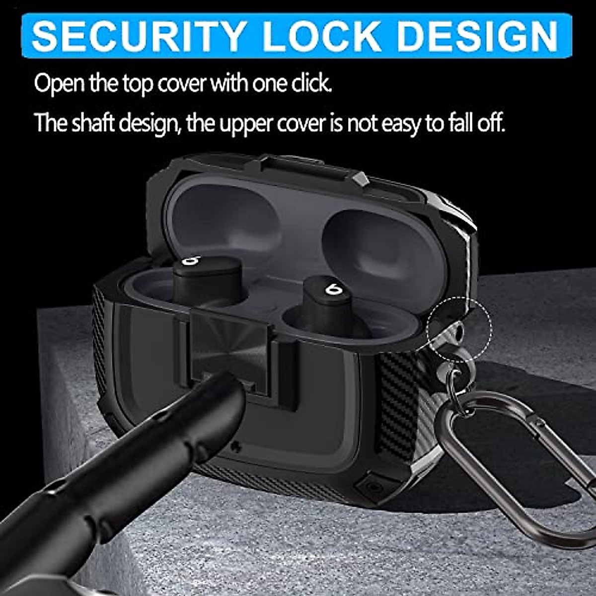 JIML [Upgrade Secure Lock] Compatible with Beats Studio Buds (2021) / Beats Studio Buds+ (2023) Case TPU Military Shell Protective Cover Skin Shock-Absorbing with Keychain and Lanyard (Black)