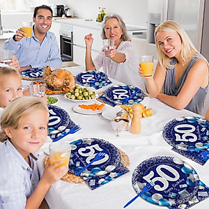 96 Pcs 50th Birthday Party Supplies Navy Blue and Silver Birthday Plates 50th Birthday Paper Tableware Happy Birthday Party Plates and Napkins Forks Blue Birthday Table Decorations for 24 Guests