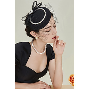 BABEYOND Veil Fascinator Hat for Women Tea Party Kentucky Derby Fascinator Hat Pillbox Hat Feather Fascinator with Pearl (Black)