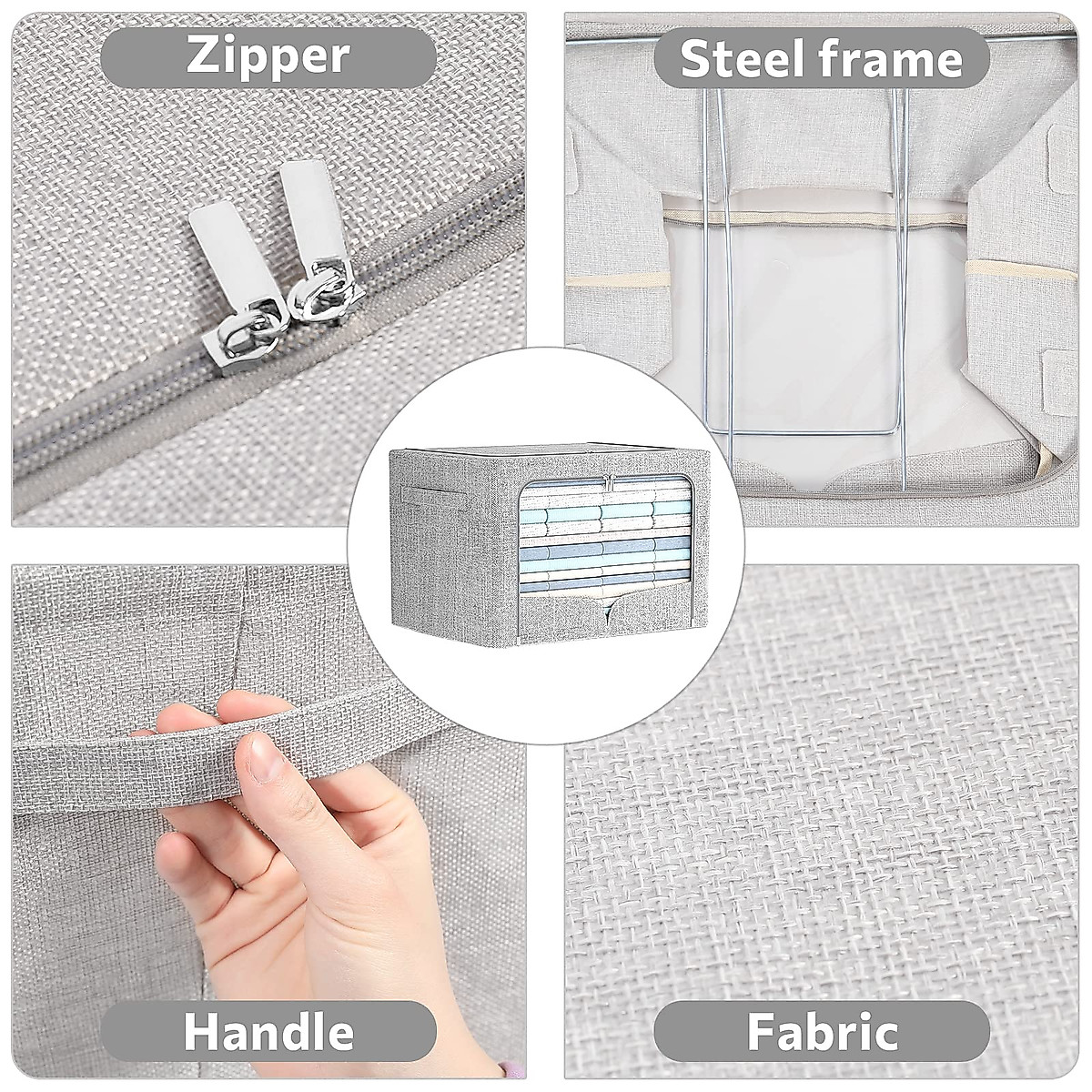 3 Pack Clothes Storage Bins - Foldable Metal Frame Storage Box - Stackable Linen Fabric Organizer Set with Carrying Handles and Clear Window (Light Gray, 15.7x11.8x7.8inch(22L))