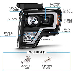 AmeriLite Square Projector Halogen Headlights Pair LED Bar Set For 2009-2014 Ford F150 High/Low Beam Bulb Included - Driver and Passenger Side, Vehicle Light Assembly, Black