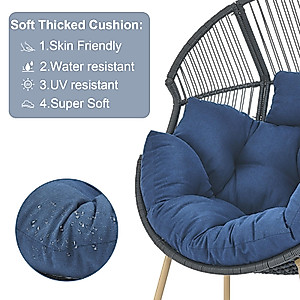 Egg Chair Outdoor Basket Chairs - Wicker Patio Cuddle Chair with Cushions Rattan Tear Drop Egg Chair for Indoor Bedroom Outside Porch Deck Backyard Garden(Grey/Blue)