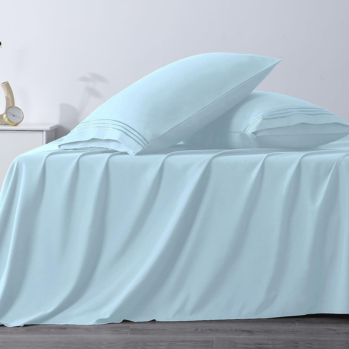 CozyLux King Pillowcase Set of 2 Luxury 1800 Series Double Brushed Microfiber Bed Pillow Cases Embroidered 2 Pack 20x40, Spa Blue Pillow Covers with Envelope Closure, Soft and Comfortable