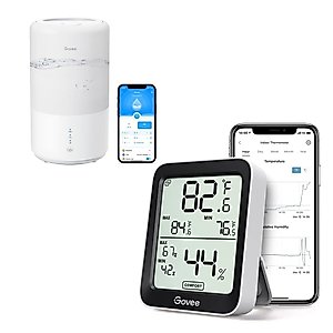 Govee Smart Humidifier H7141 Bundle with Govee Bluetooth Digital Hygrometer Indoor Thermometer, Room Humidity and Temperature Sensor Gauge with Remote App Monitoring, Large LCD Display