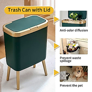 Procade Trash Can with Lid,Small Bathroom Garbage Can with Lid, Plastic Trash Can with Push Button,Narrow Garbage Bin Waste Basket for Bedroom,Living Room, Toilet,Office,Kitchen,4 Gal-Gold Edge