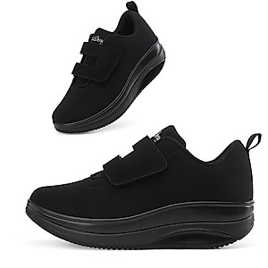 Oude Wedge Sneakers for Women Comfy | Wide Orthopedic Shoes for Women Shopping | Adjustable Velcro Closure 2 Inch Thick Rocker Bottom All Black Size 6.5