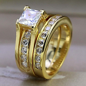 Two Rings His Hers Wedding Ring Sets Couples Rings Women's 10k Yellow Gold Filled White CZ Wedding Engagement Ring Bridal Sets & Men's Stainless Steel Wedding Band
